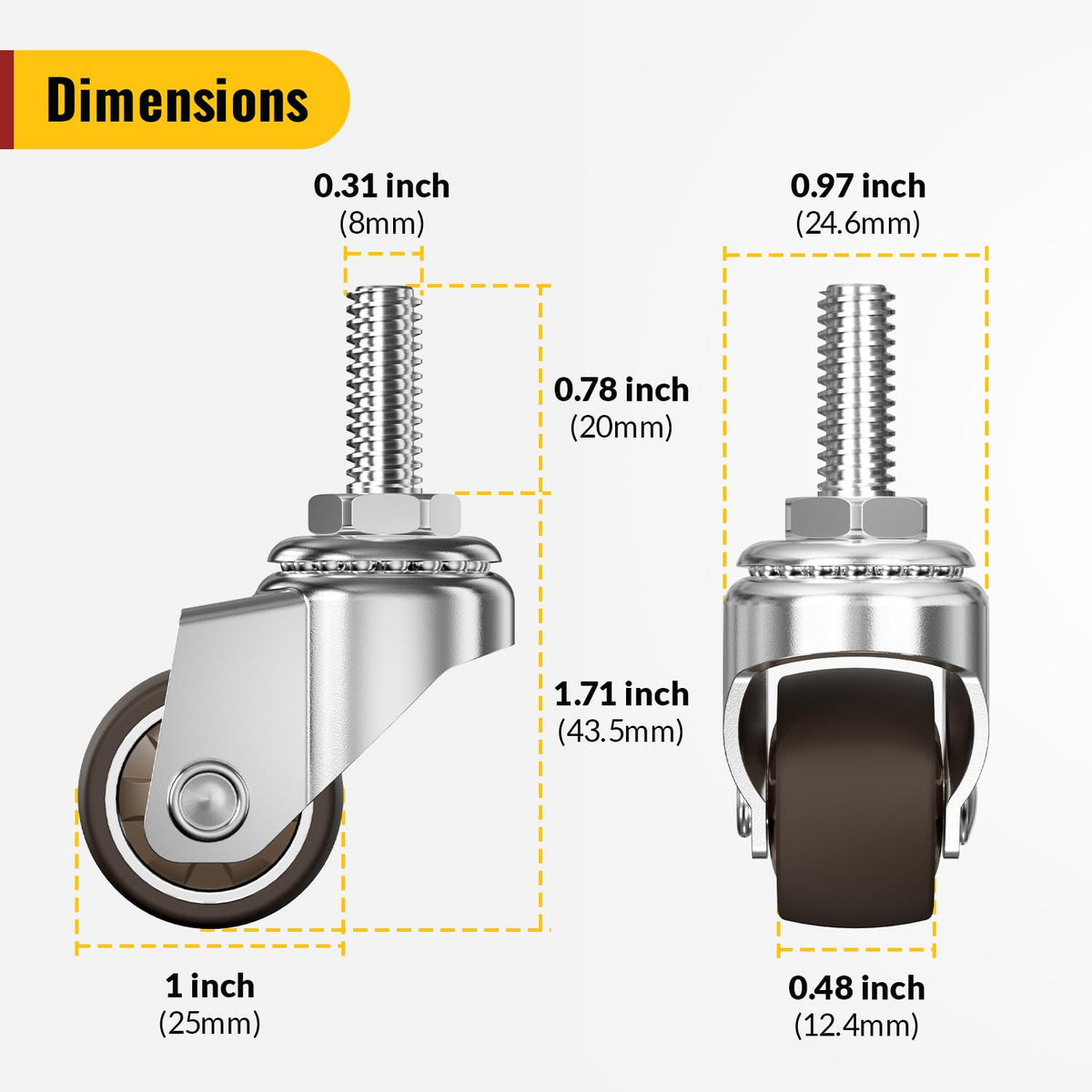 1" Stem Casters Brown M8 x 1 x 20mm Thread (2 Brake & 2 No Brake ...