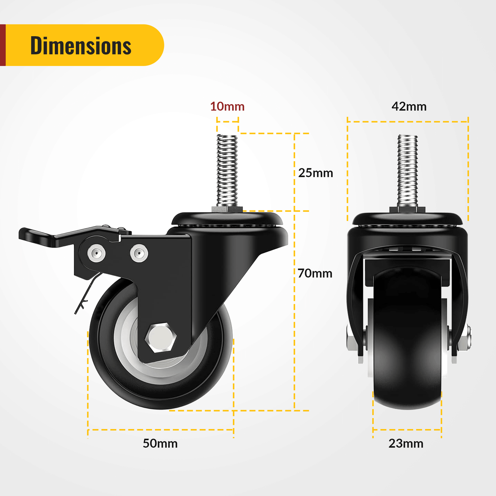 2" Stem Casters Black Total Lock M10 x 1.5 x 25mm – Holkieusa