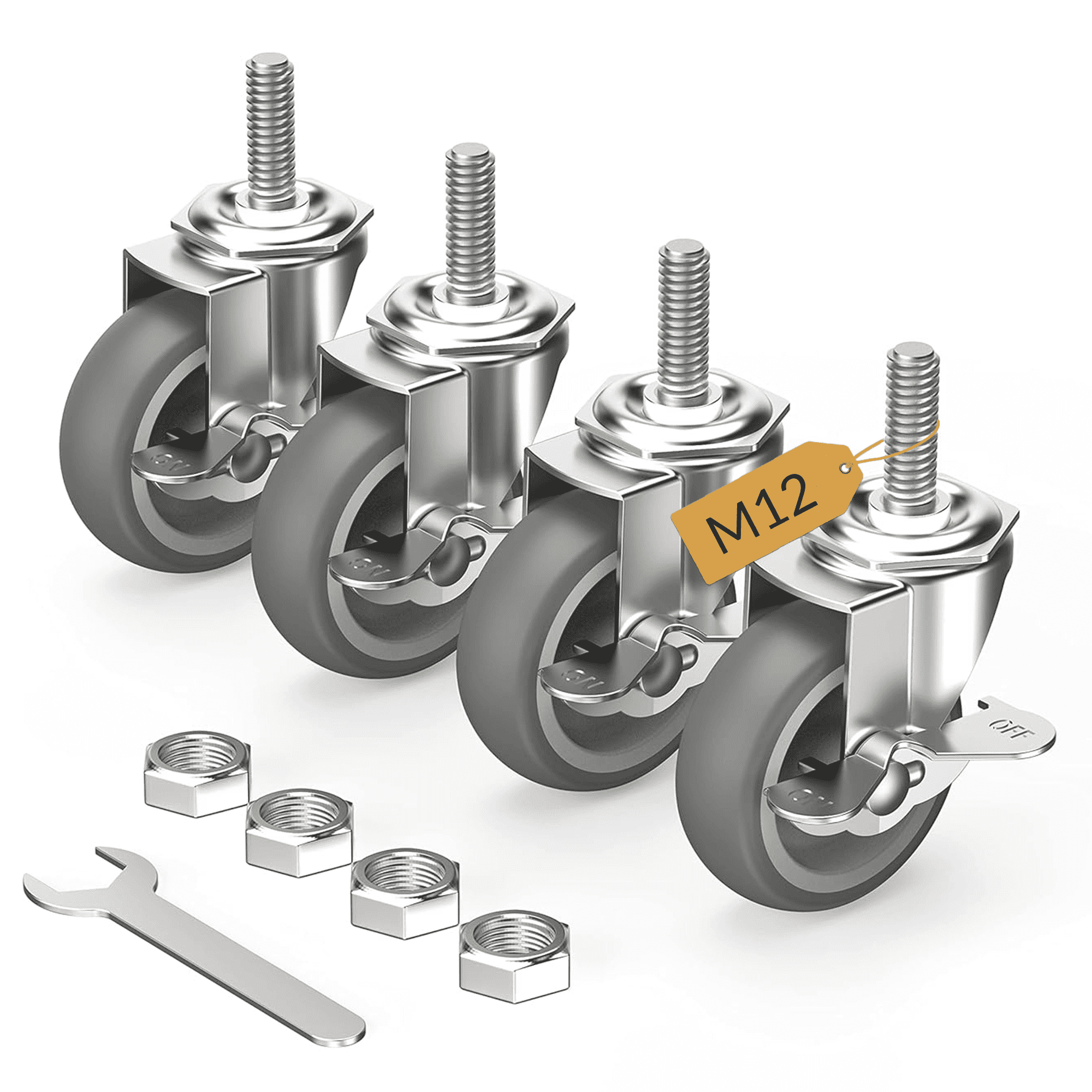 3" Metric Stem Caster Wheel - M12 x 1.75 x 30 mm, Side Brake (Gray ...